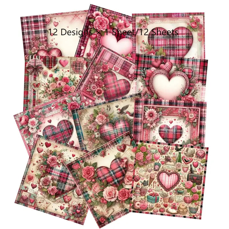 Vintage Valentines Plaid Hearts & Roses Paper Pack 6"X6" 12/Pkg ...